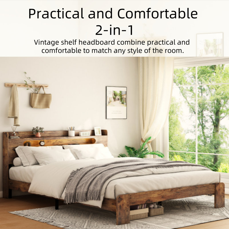 Union Rustic Wood Platform Bed Frame With Storage Led Light Headboard And 2 Usb Large Under Bed Storage Wayfair